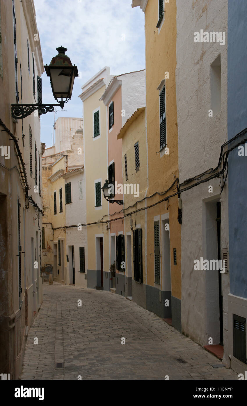 city, town, lantern, balearic islands, street, road, minorca, house ...