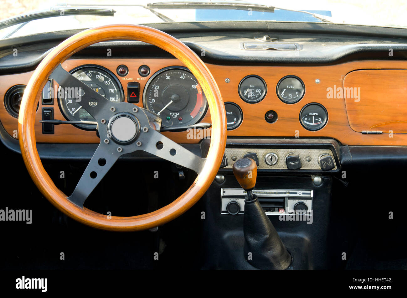 wooden dashboard of a vintage car Stock Photo - Alamy