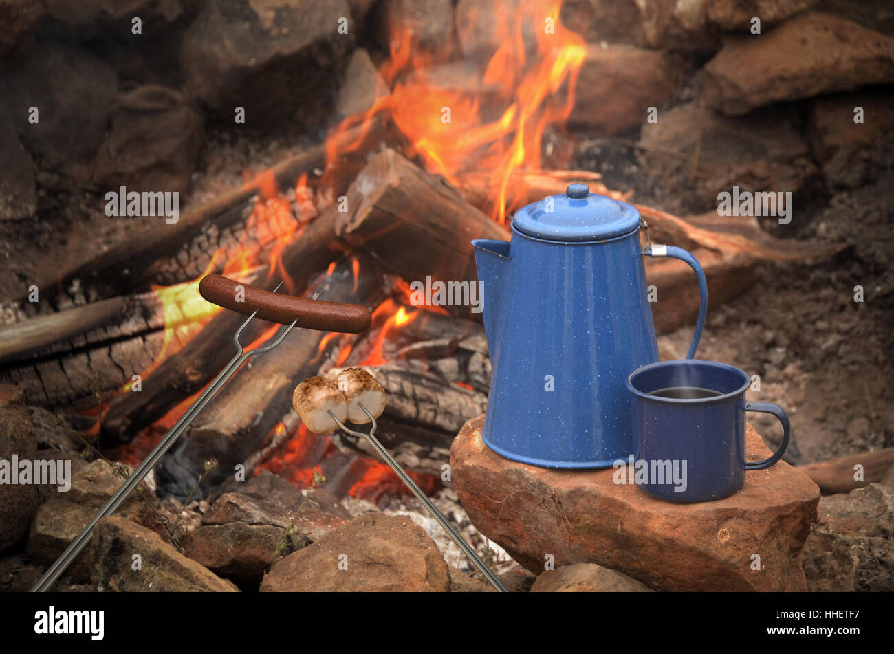 wood, fire, conflagration, campfire, camping, enamel, percolator, robot ...
