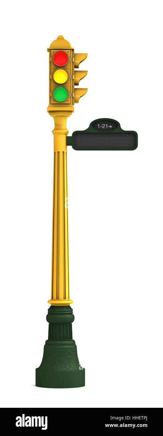 Retro traffic light featuring green, amber and red lights on a white ...