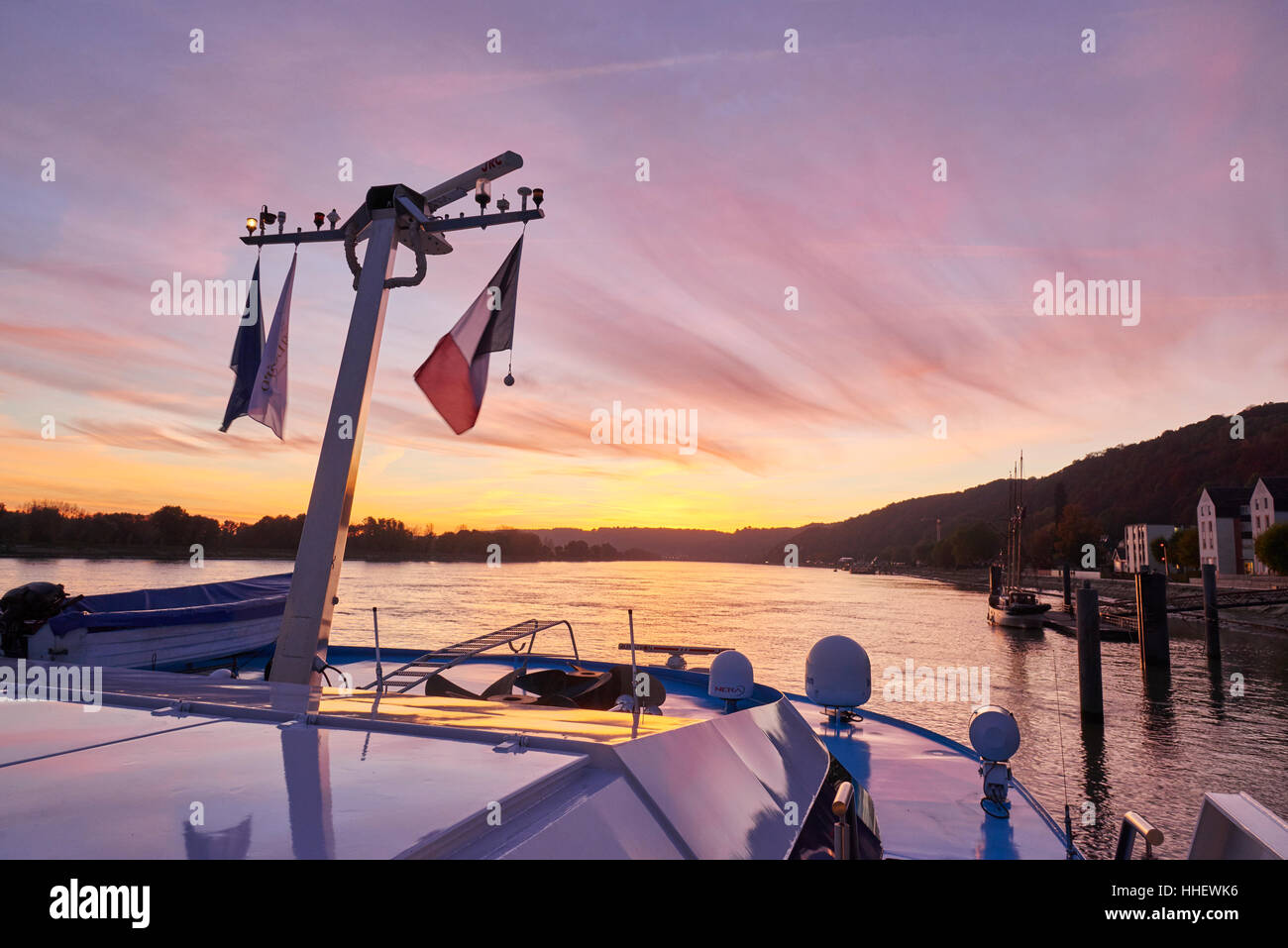 Spectacular sunset seen onboard a river cruise ship on the river Seine ...