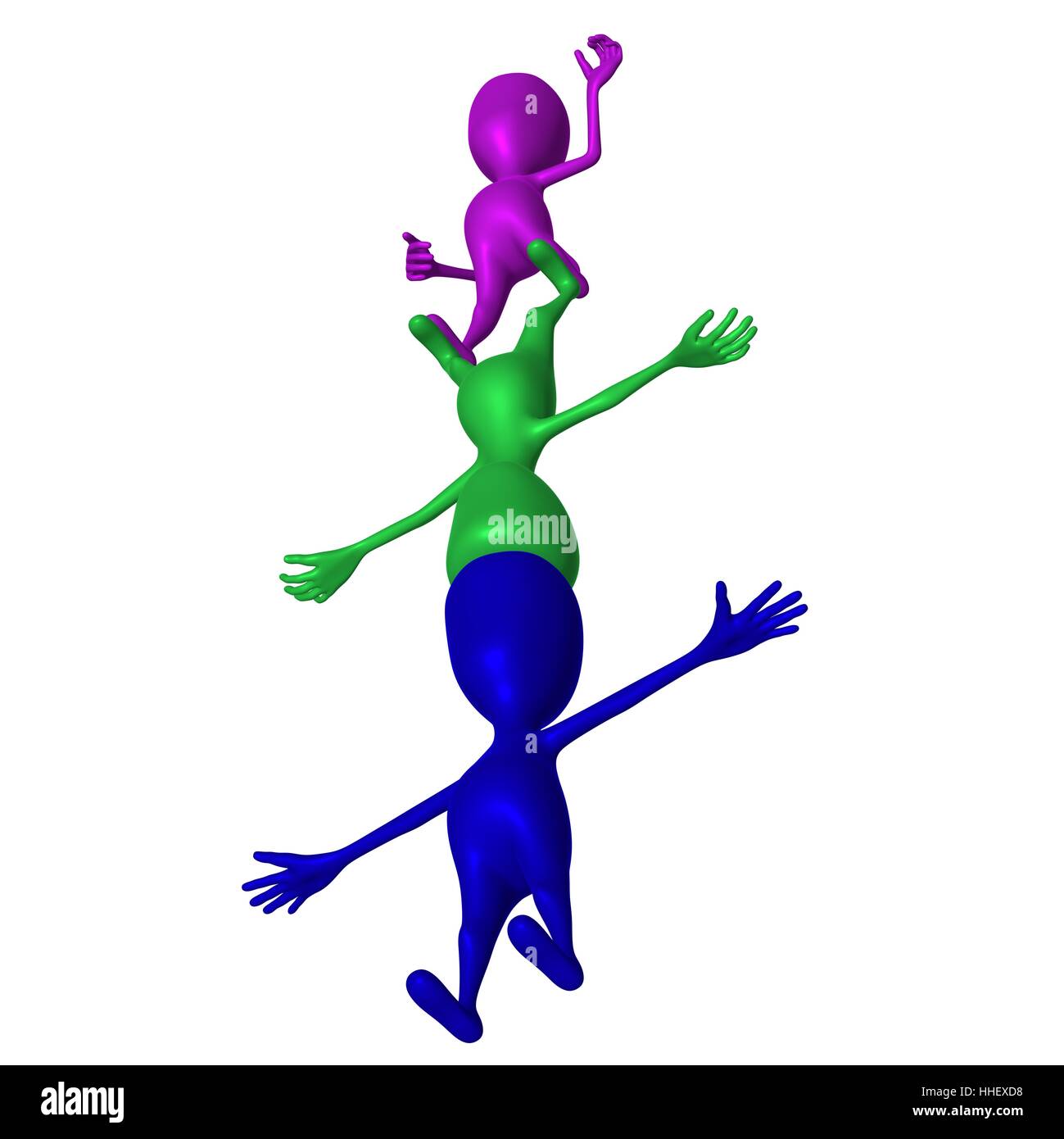 Three different 3d puppets make composition upside down Stock Photo - Alamy