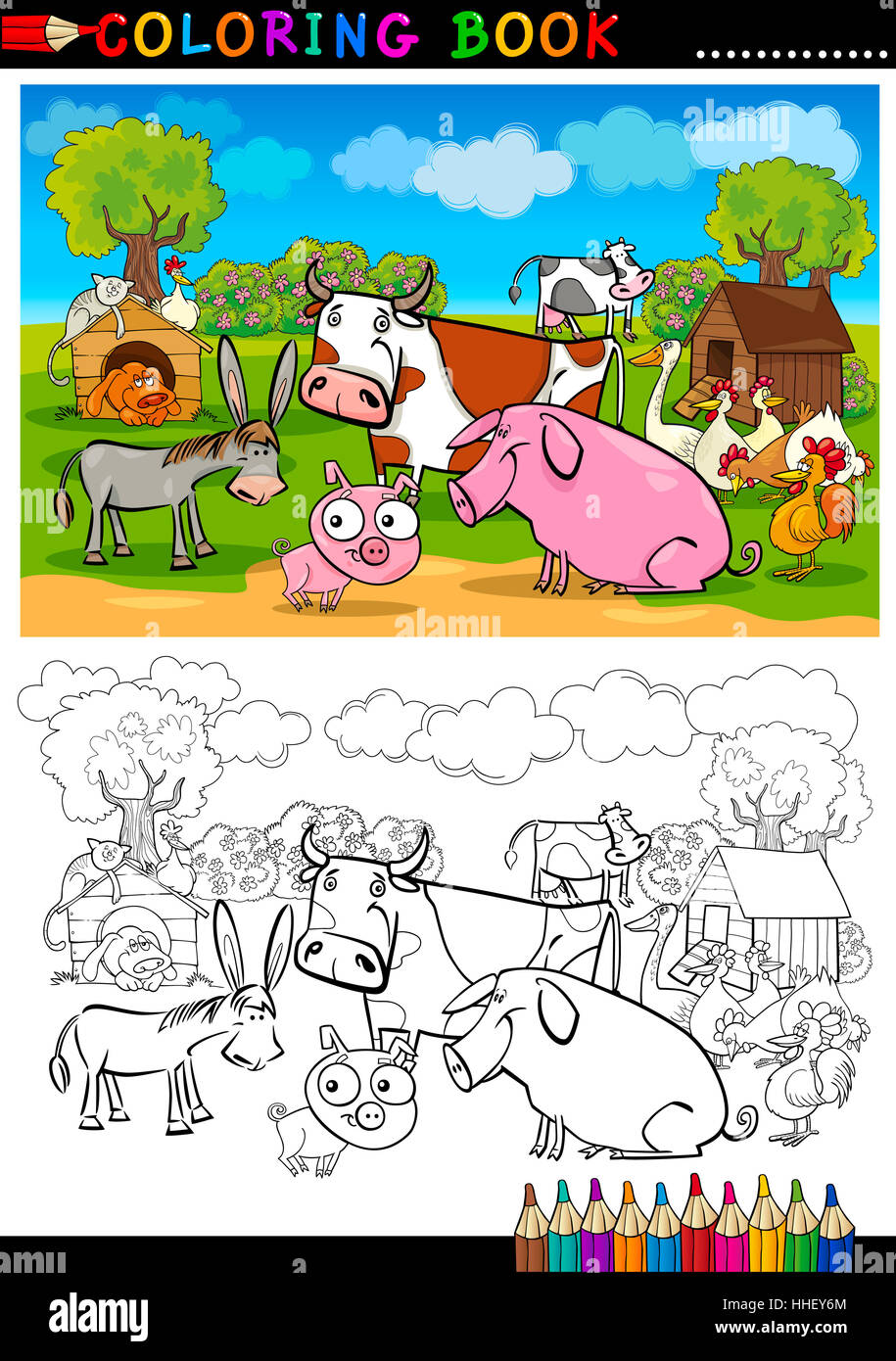Coloring Book or Page Cartoon Illustration of Funny Farm and Livestock ...