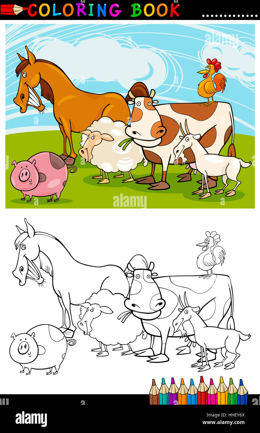 Coloring Book or Page Cartoon Illustration of Funny Farm and Livestock ...