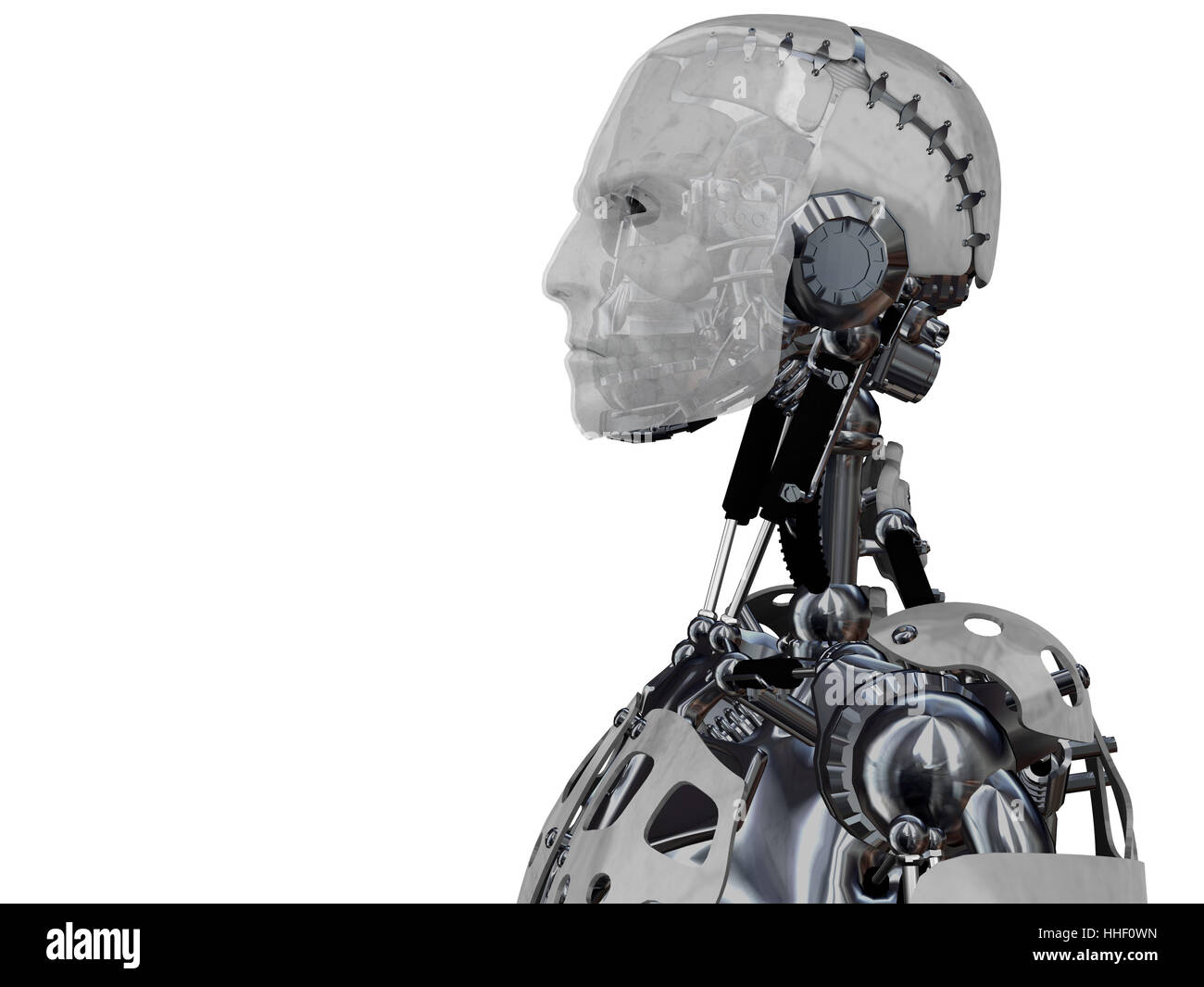 An image of a male cyborgs head in profile. Isolated on white ...