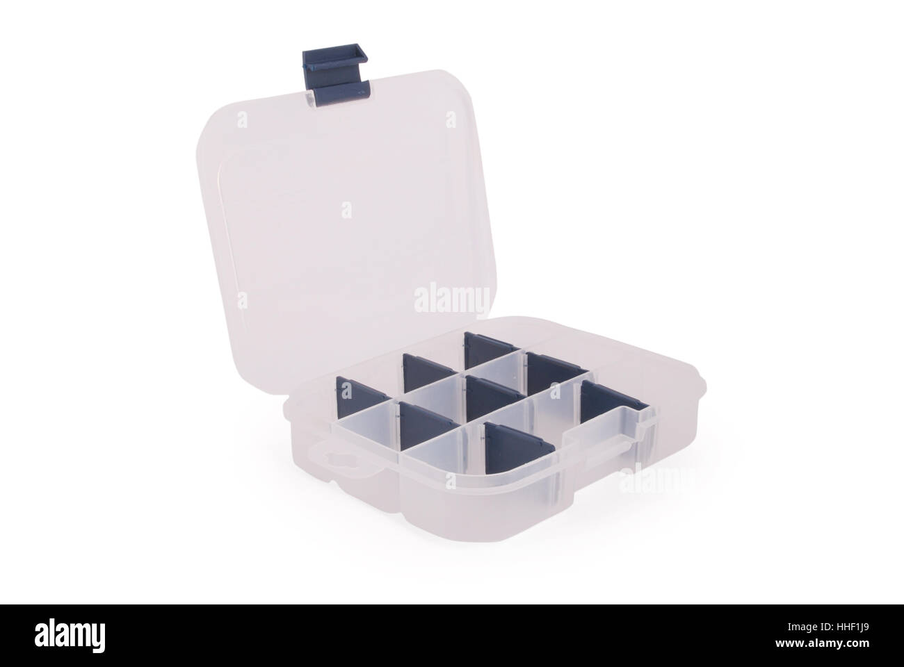 Opened white plastic box for fishing tackle on an isolated white ...