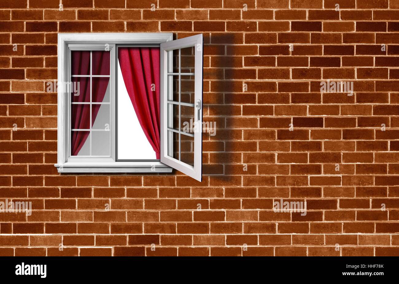 window, porthole, dormer window, pane, open, brick, brick wall, uncap ...