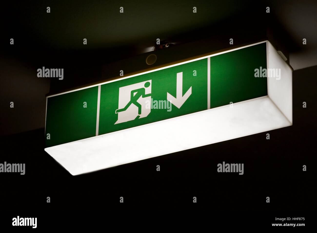 interior, wall, emergency, exit, sign, building, green, light, close ...