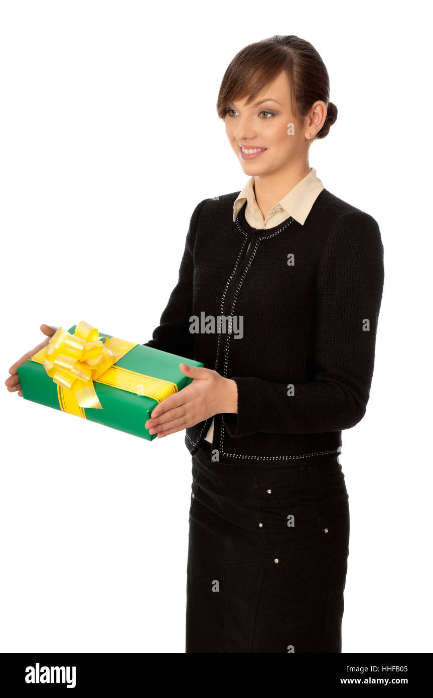 woman, present, hand, greeting, object, single, female, green, face ...