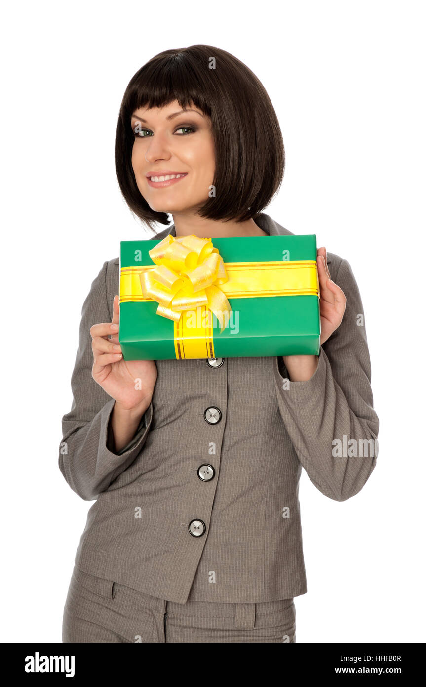 woman, present, hand, greeting, object, single, female, green, face ...