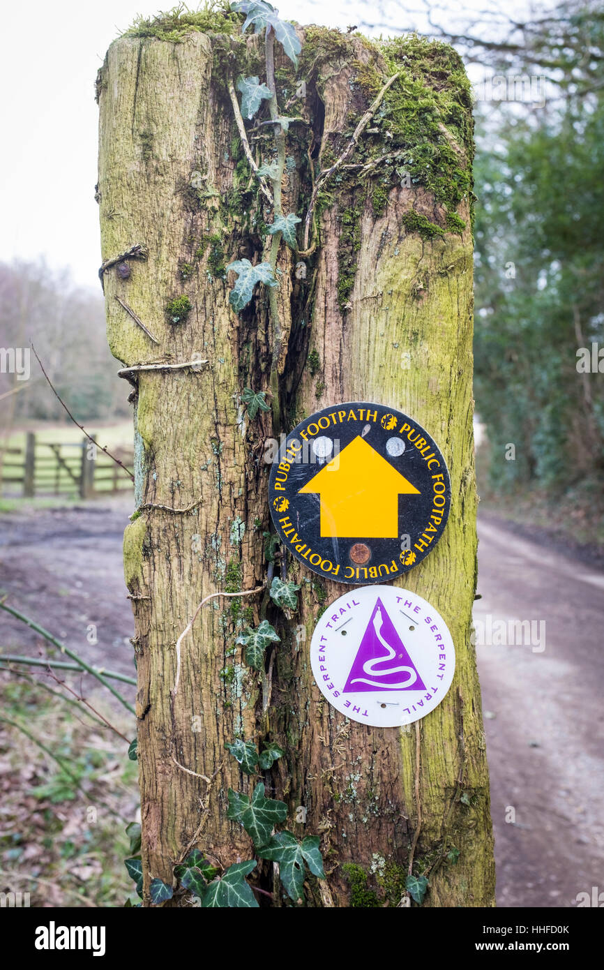 Two signs on a wooden post directing walkers and ramblers to footpaths ...