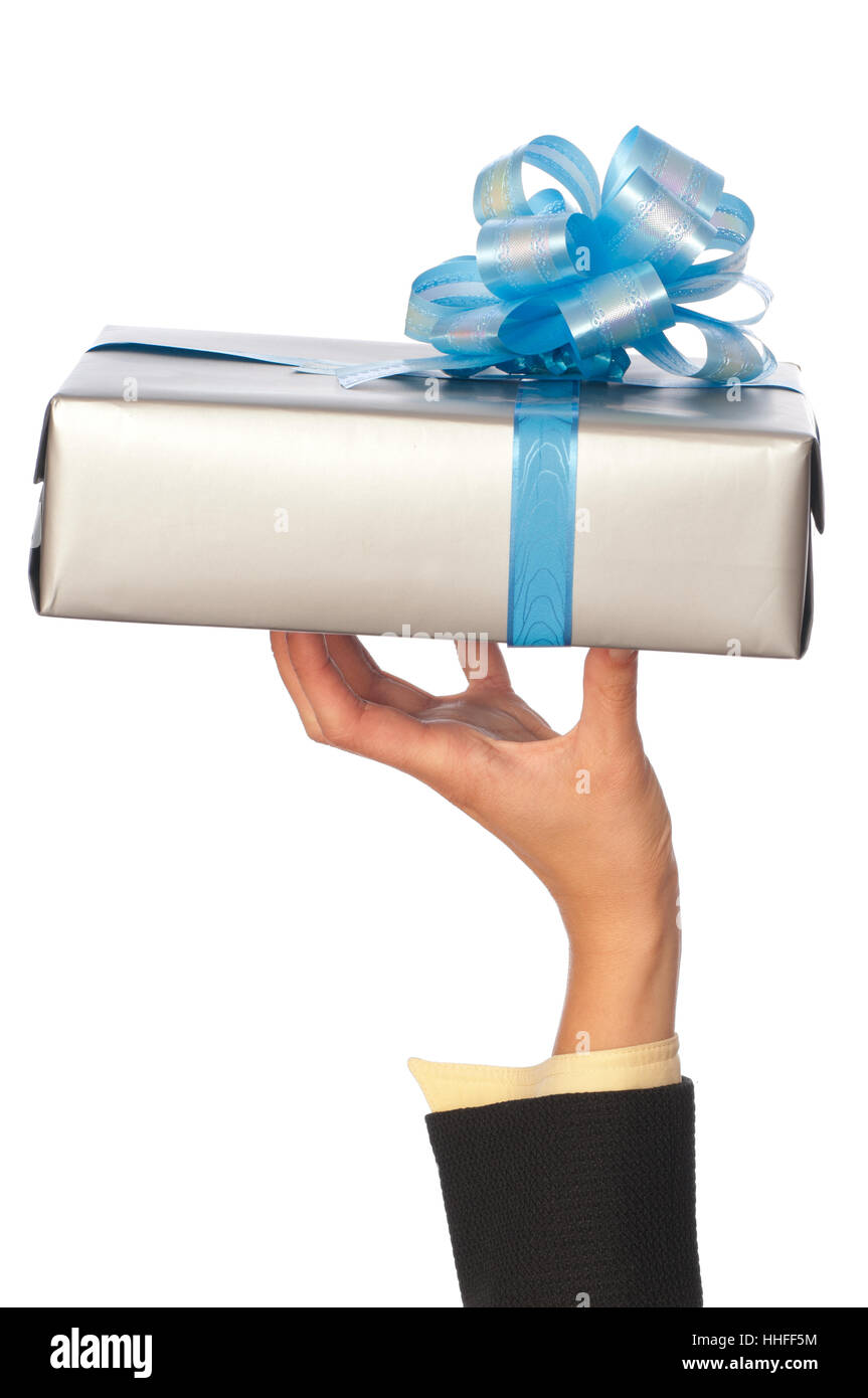 woman, blue, present, hand, greeting, object, single, female, human ...