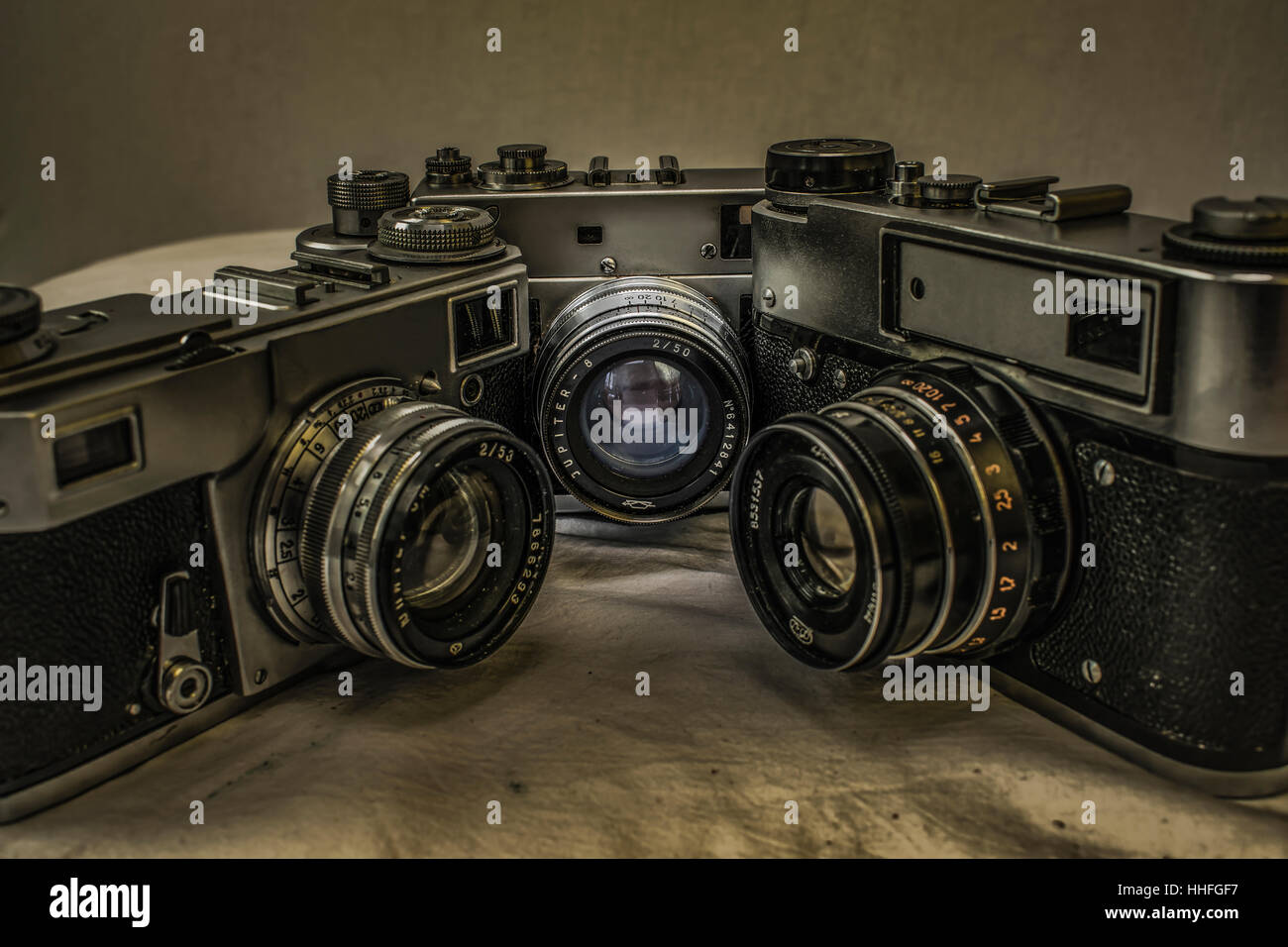 Old Russian classic analog film cameras with manual controls on dirty ...