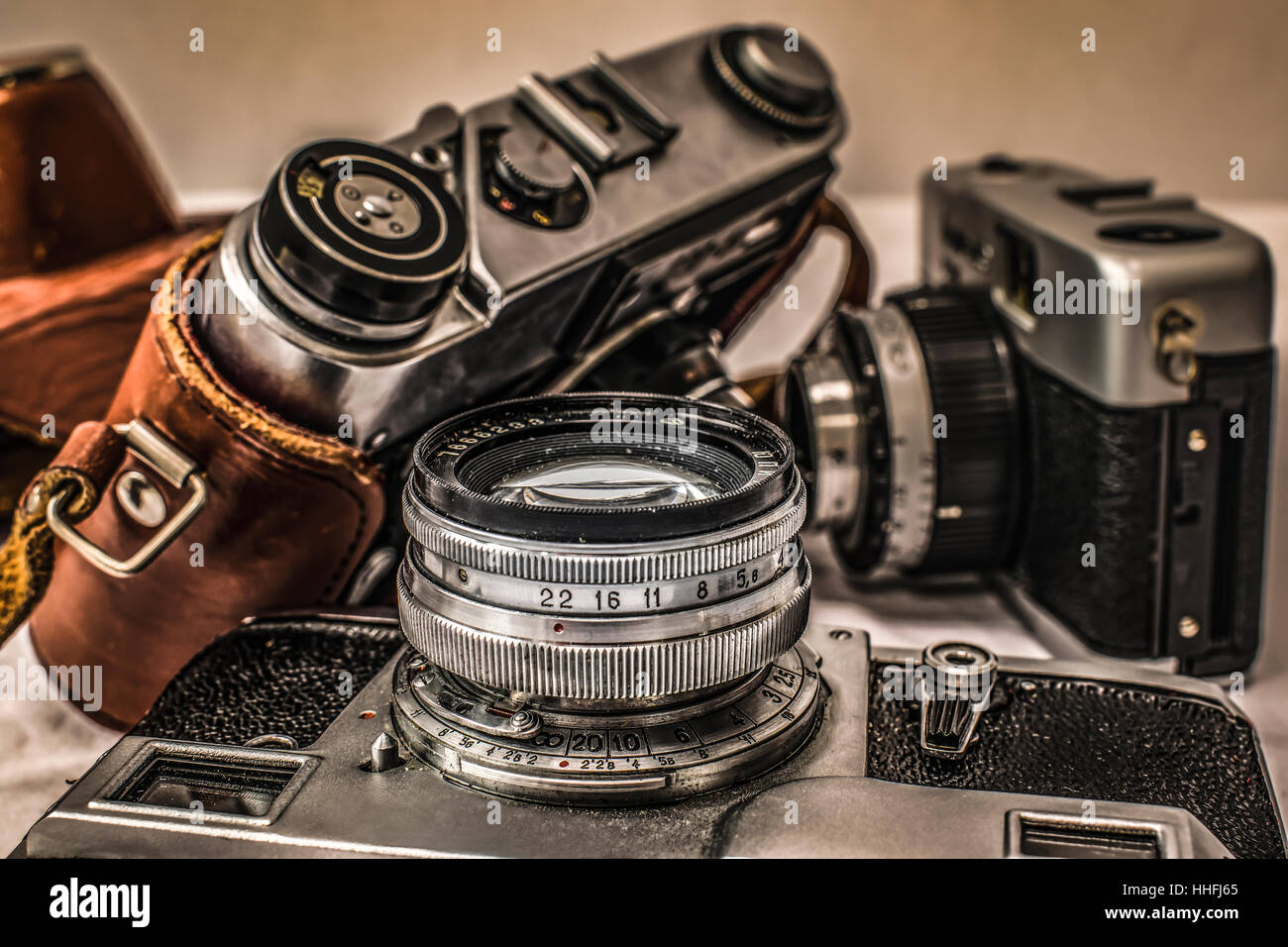 Old Russian classic analog film cameras with manual controls on dirty ...