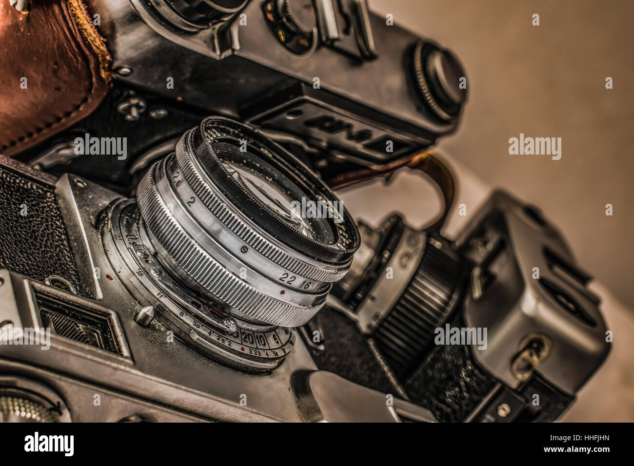 Old Russian classic analog film cameras with manual controls on dirty ...