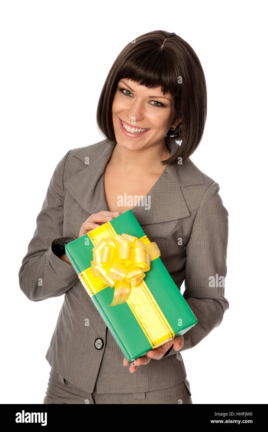 woman, present, hand, greeting, object, single, female, green, face ...