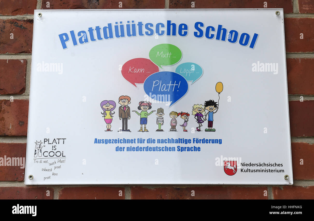 The sign saying "Plattdeutsche School" (lit. "Low German School") can ...