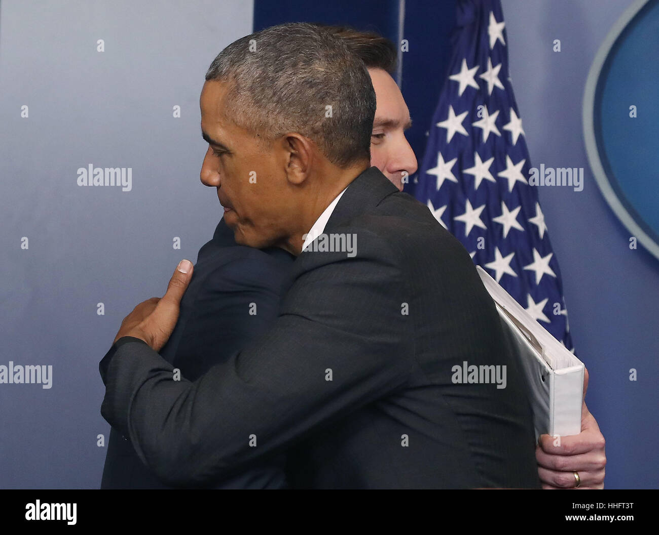 United States President Barack Obama hugs White House Press Secretary ...