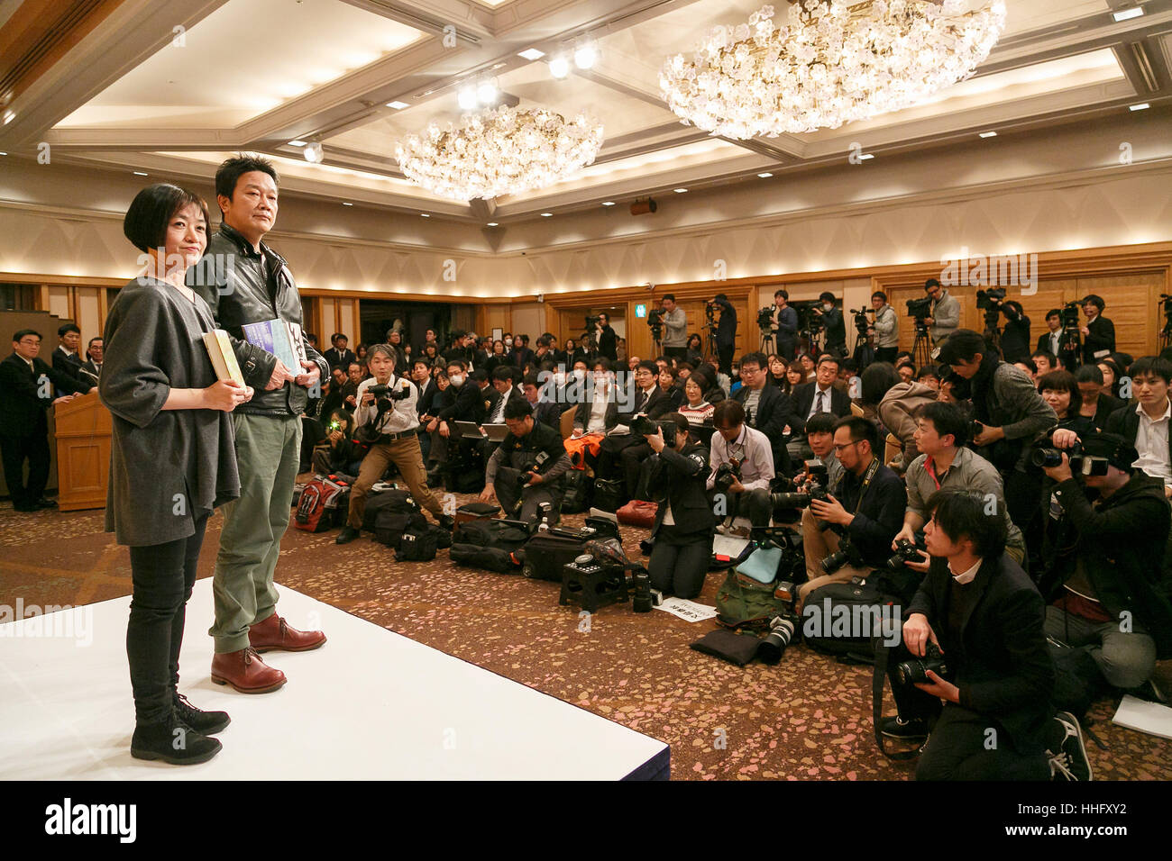 (L to R) The 156th Naoki Prize winner Riku Onda and 156th Akutagawa ...