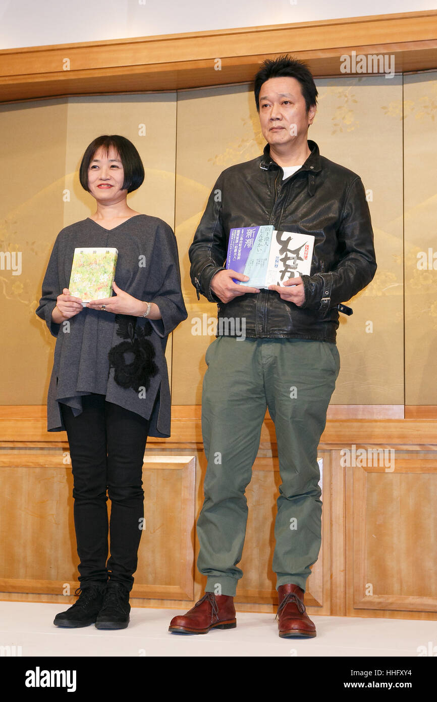 (L to R) The 156th Naoki Prize winner Riku Onda and 156th Akutagawa ...