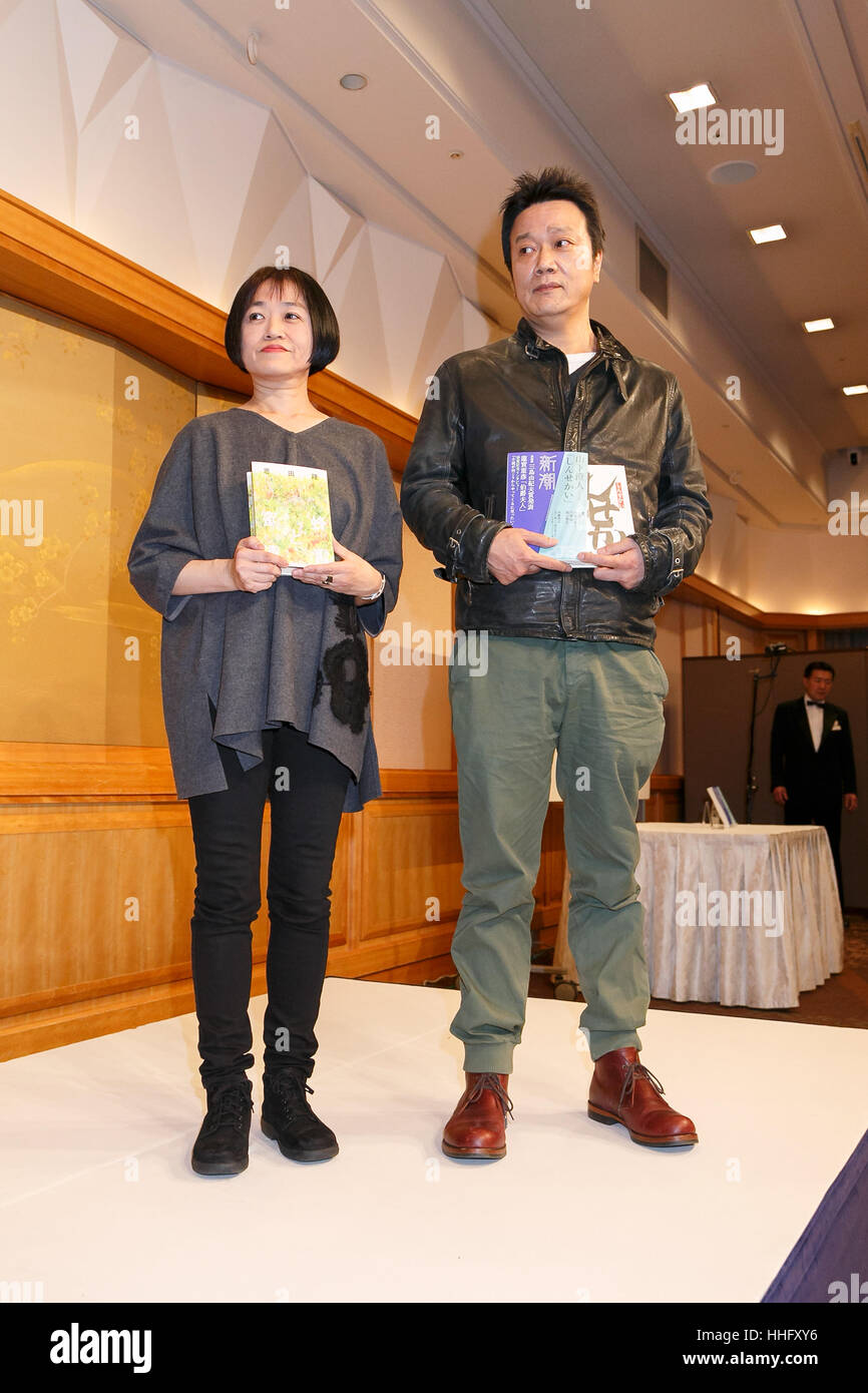 (L to R) The 156th Naoki Prize winner Riku Onda and 156th Akutagawa ...
