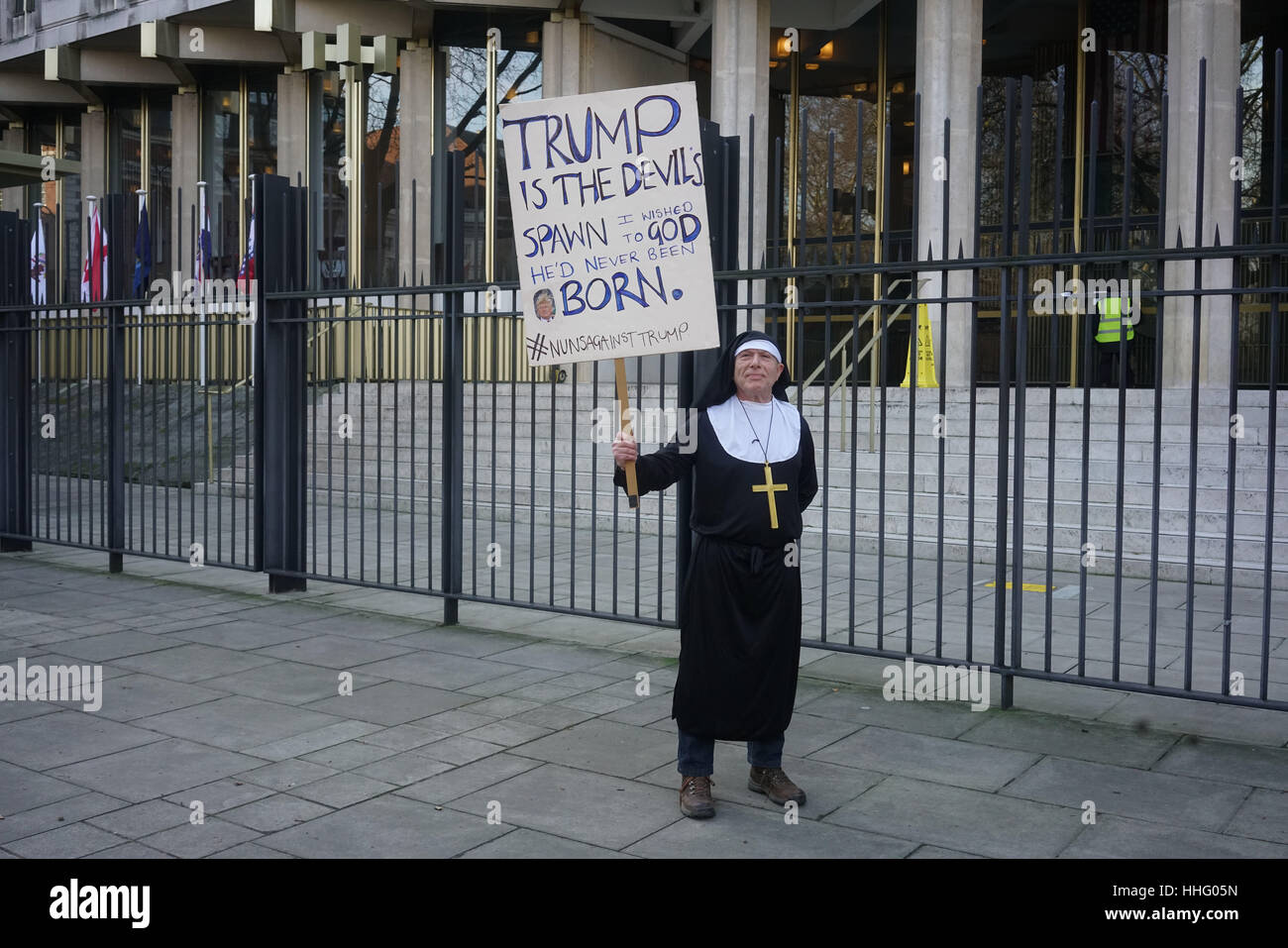 London, UK. 19th Jan, 2017. A man dress as a nun protest ahead of ...