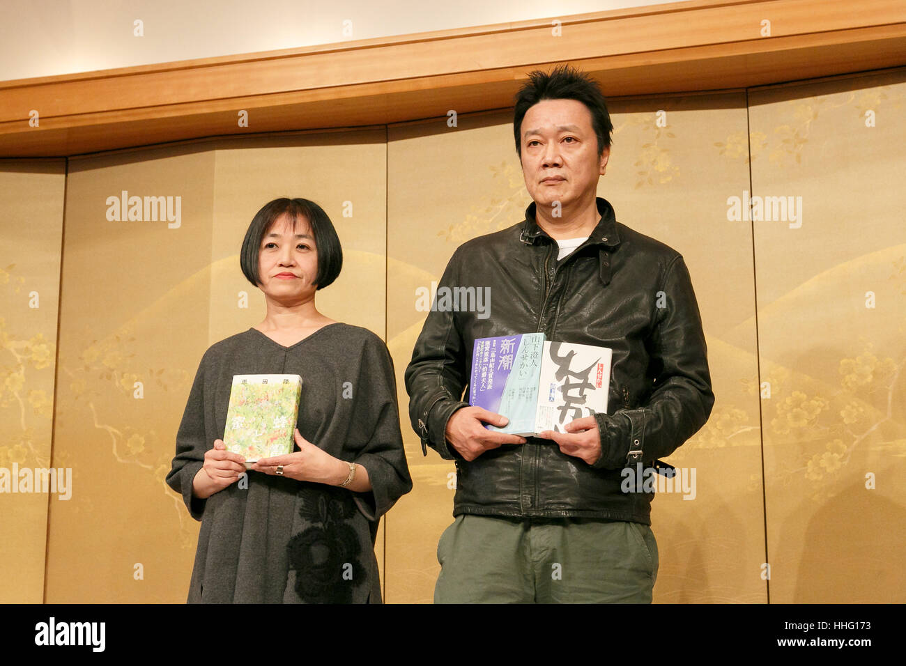 (L to R) The 156th Naoki Prize winner Riku Onda and 156th Akutagawa ...