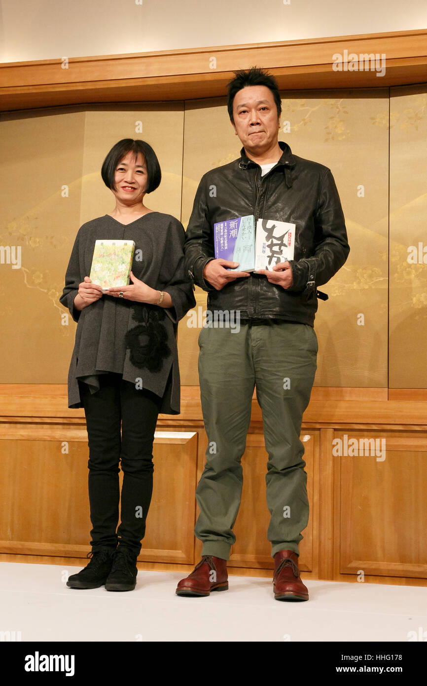 (L to R) The 156th Naoki Prize winner Riku Onda and 156th Akutagawa ...
