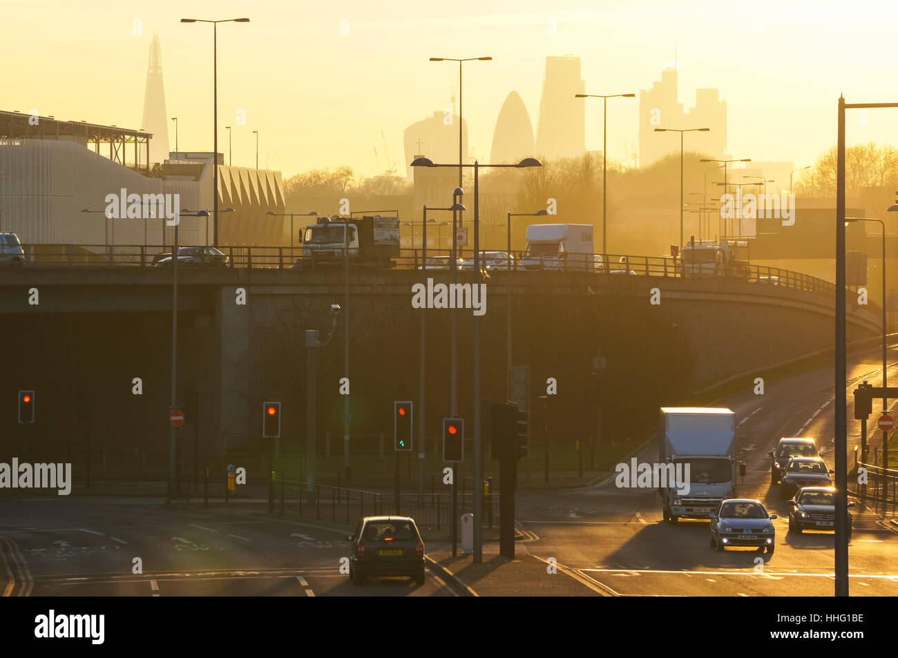 Traffic London smog air pollution city buildings in the background ...