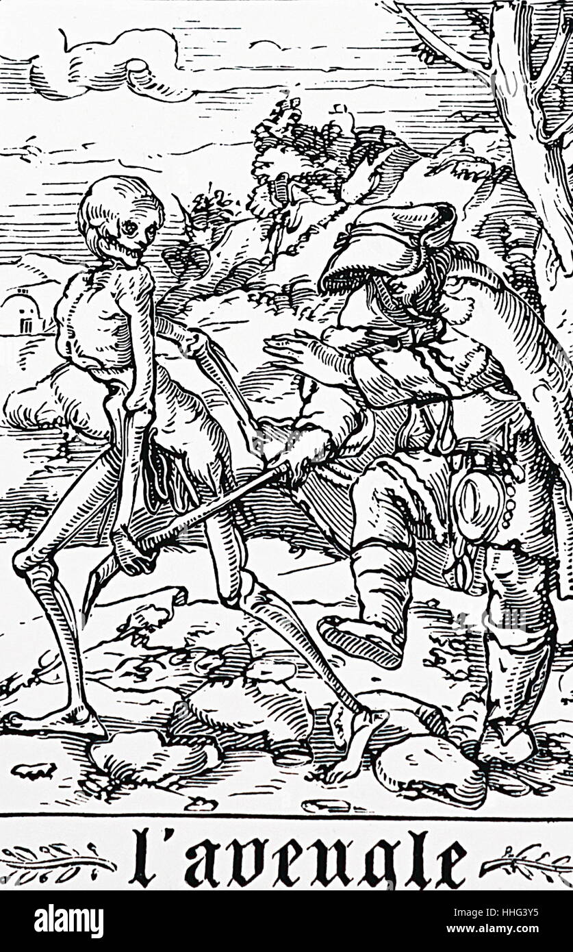Illustration depicting the blind man being visited by 'death'. Dated ...