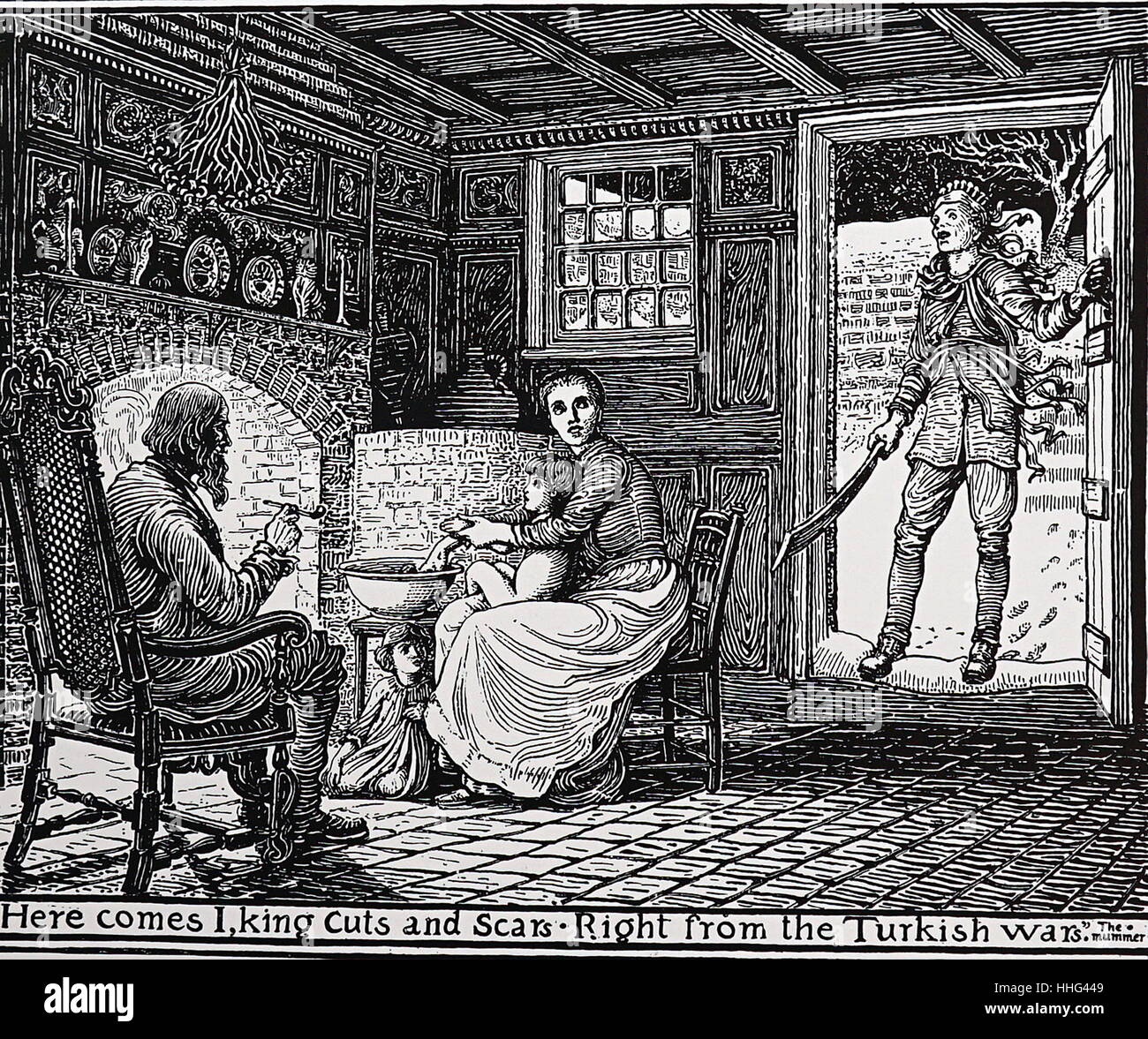 Cottagers being visited by the Christmas mummers. Illustration for ...