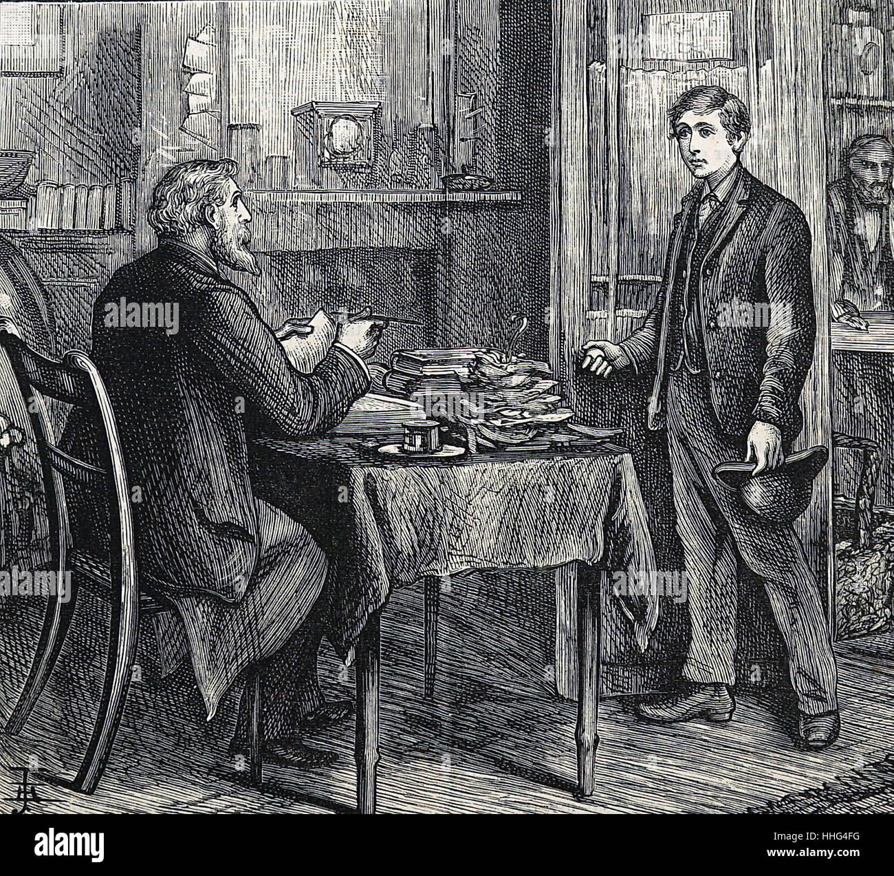 Illustration dated 1880 depicting an office boy interviewed for a job ...