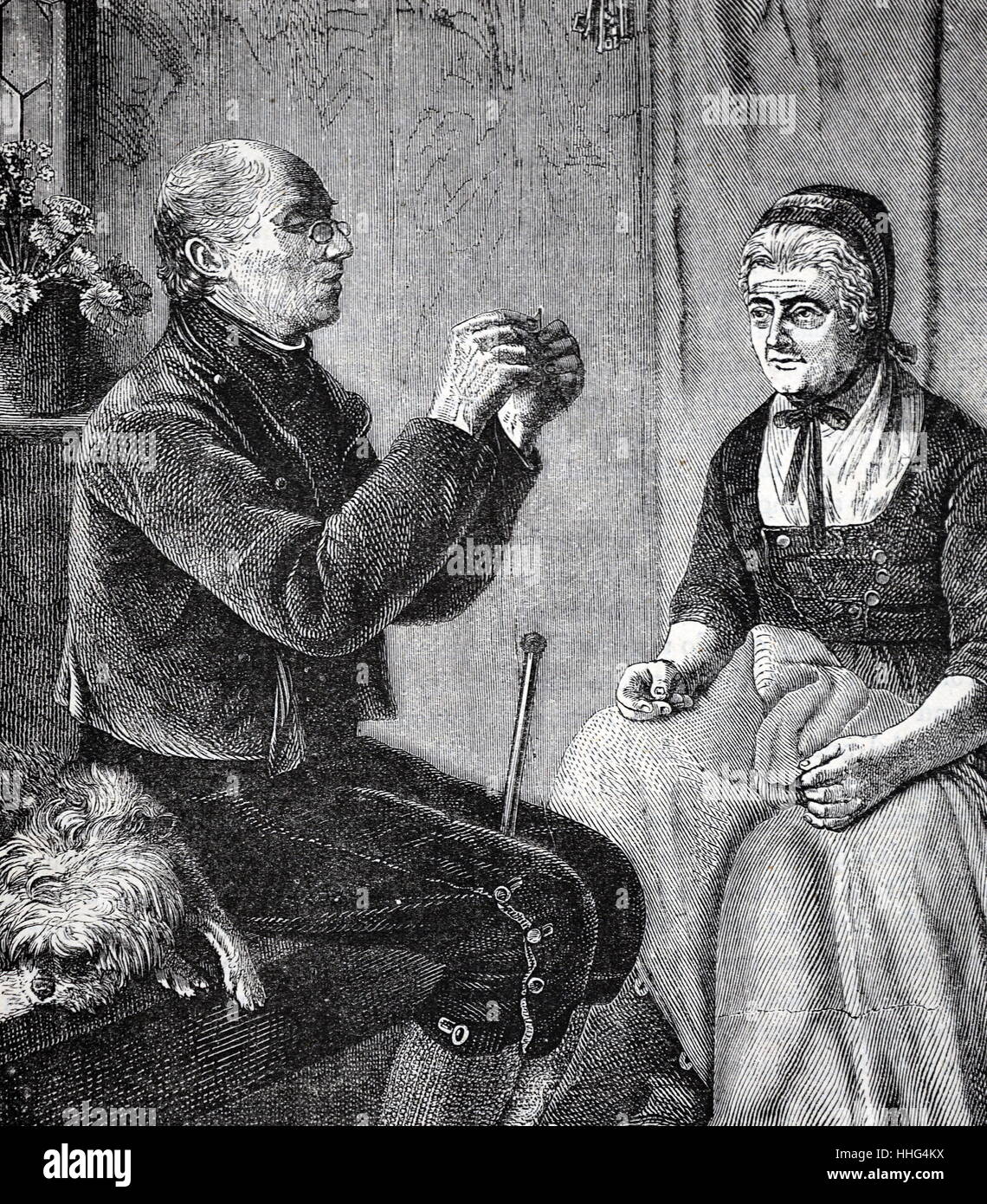 Woodcut illustration shows an elderly man threading a needle. An ...