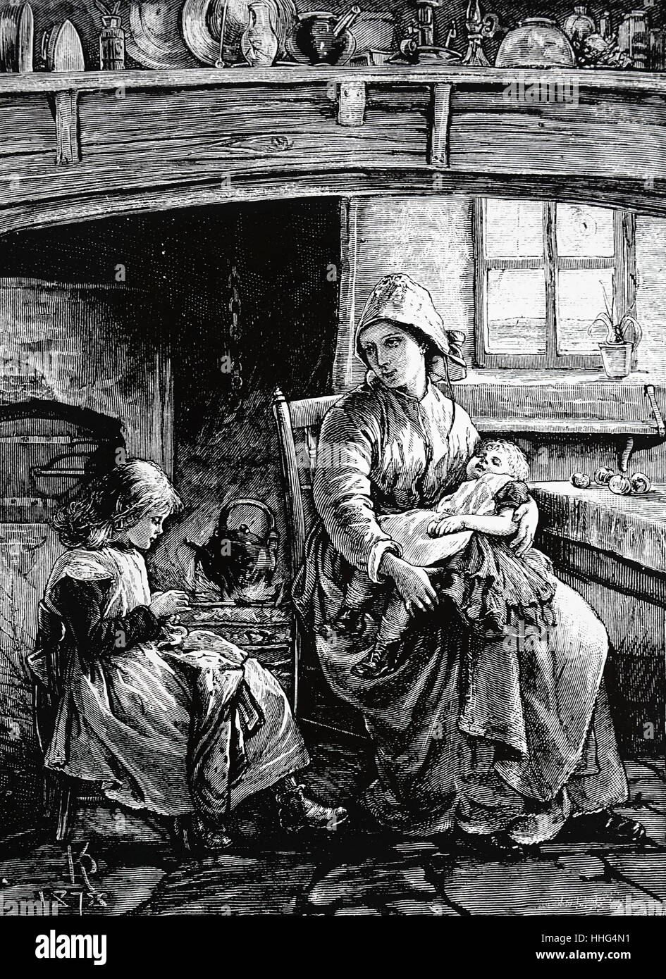 A small girl learning to sew in a cottage kitchen. Dated 1879, London ...