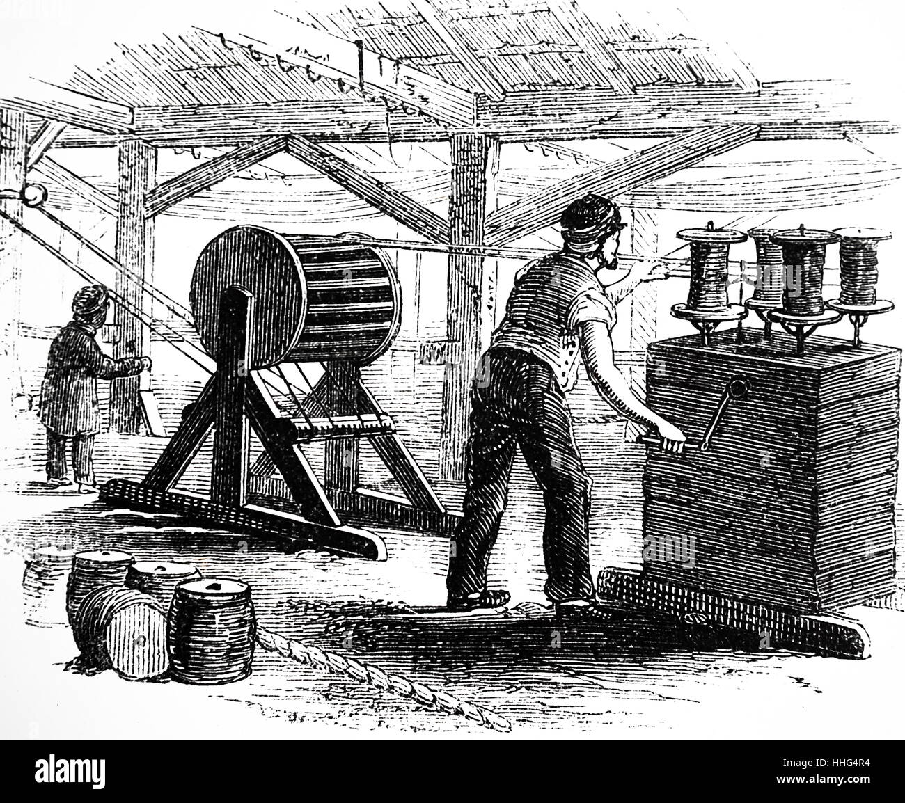 The manufacture of rope: reeling strands of hemp produced in the ...