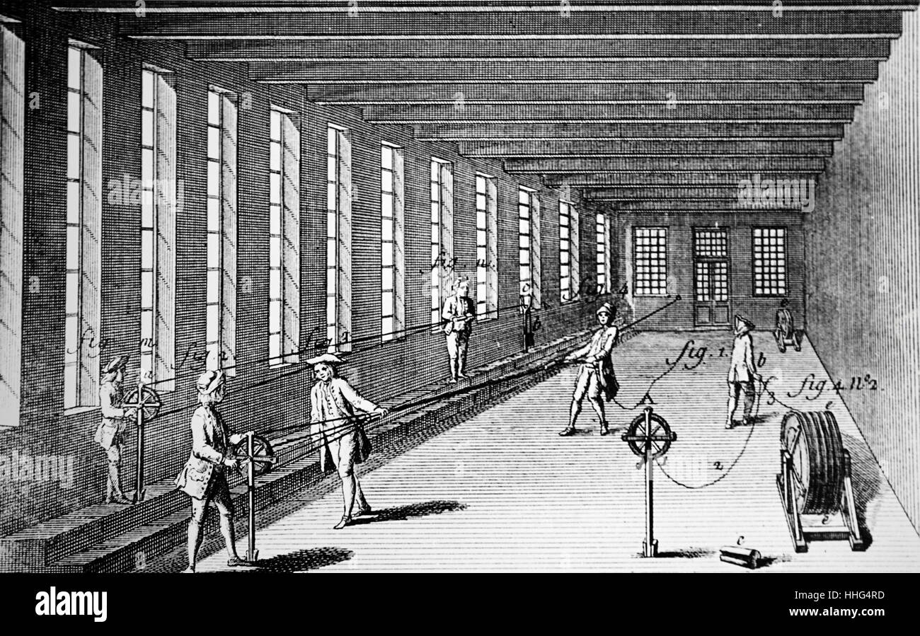 Illustration of a rope factory, labourers are shown threading yarns to ...