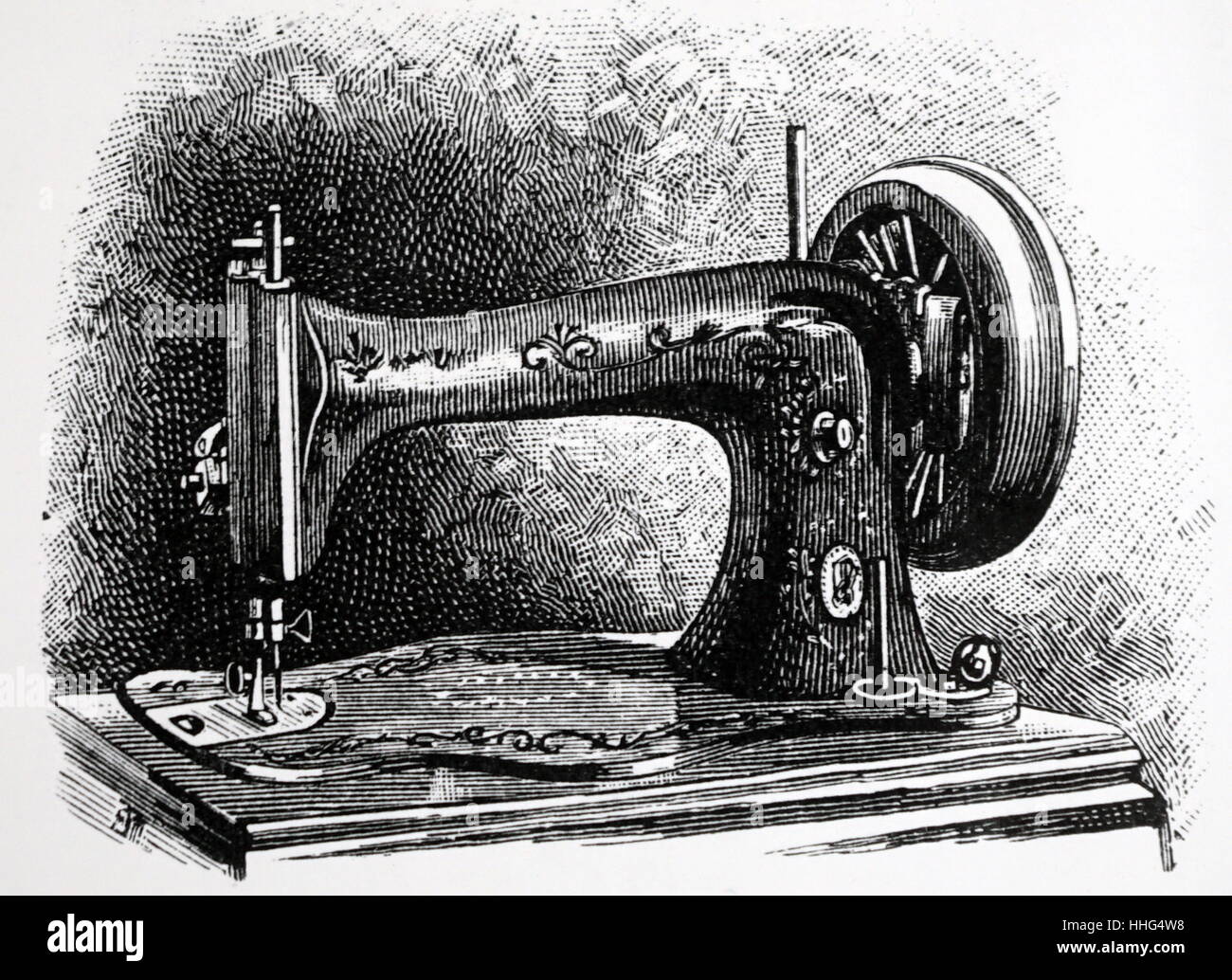 Table-top sewing machine driven by electric motor housed in flywheel ...