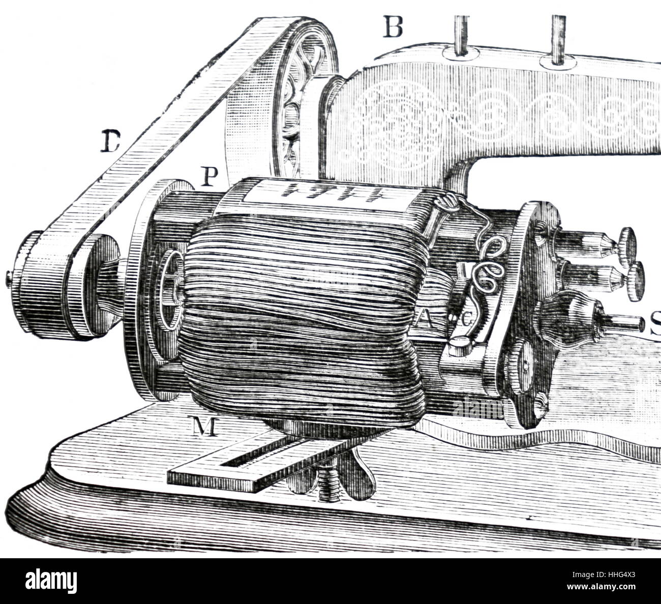 A Griscom eclectic motor fitted to a sewing machine. Dated 1884 Stock ...