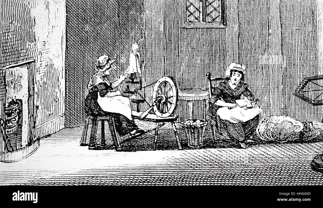 circa 1820 woodcut illustration of two women textile workers in a ...
