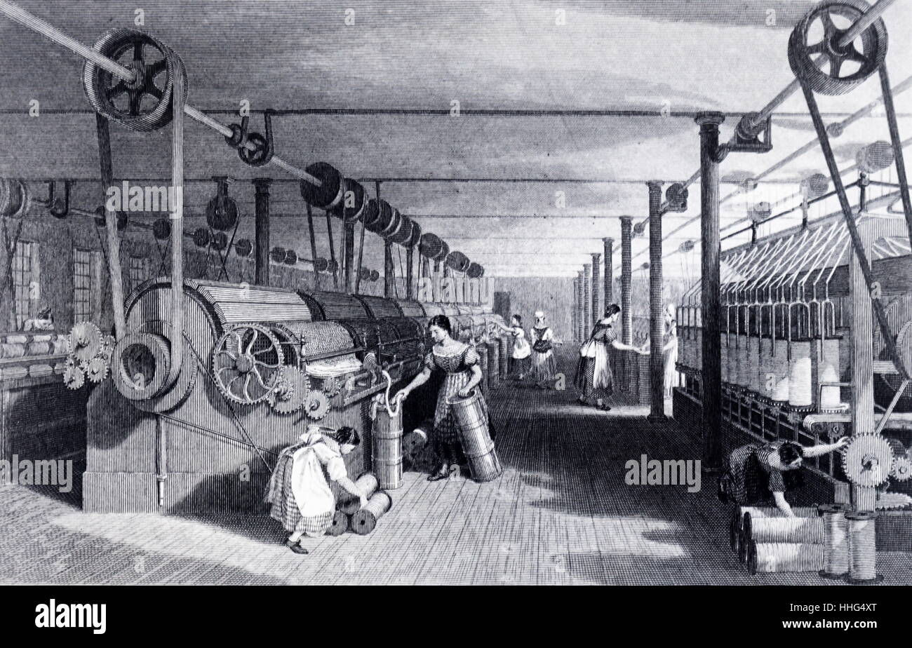 Carding, drawing and roving cotton. From a print published circa 1830 ...