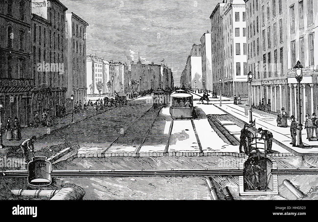 Laying telephone cables under a New York street, showing sectional view ...