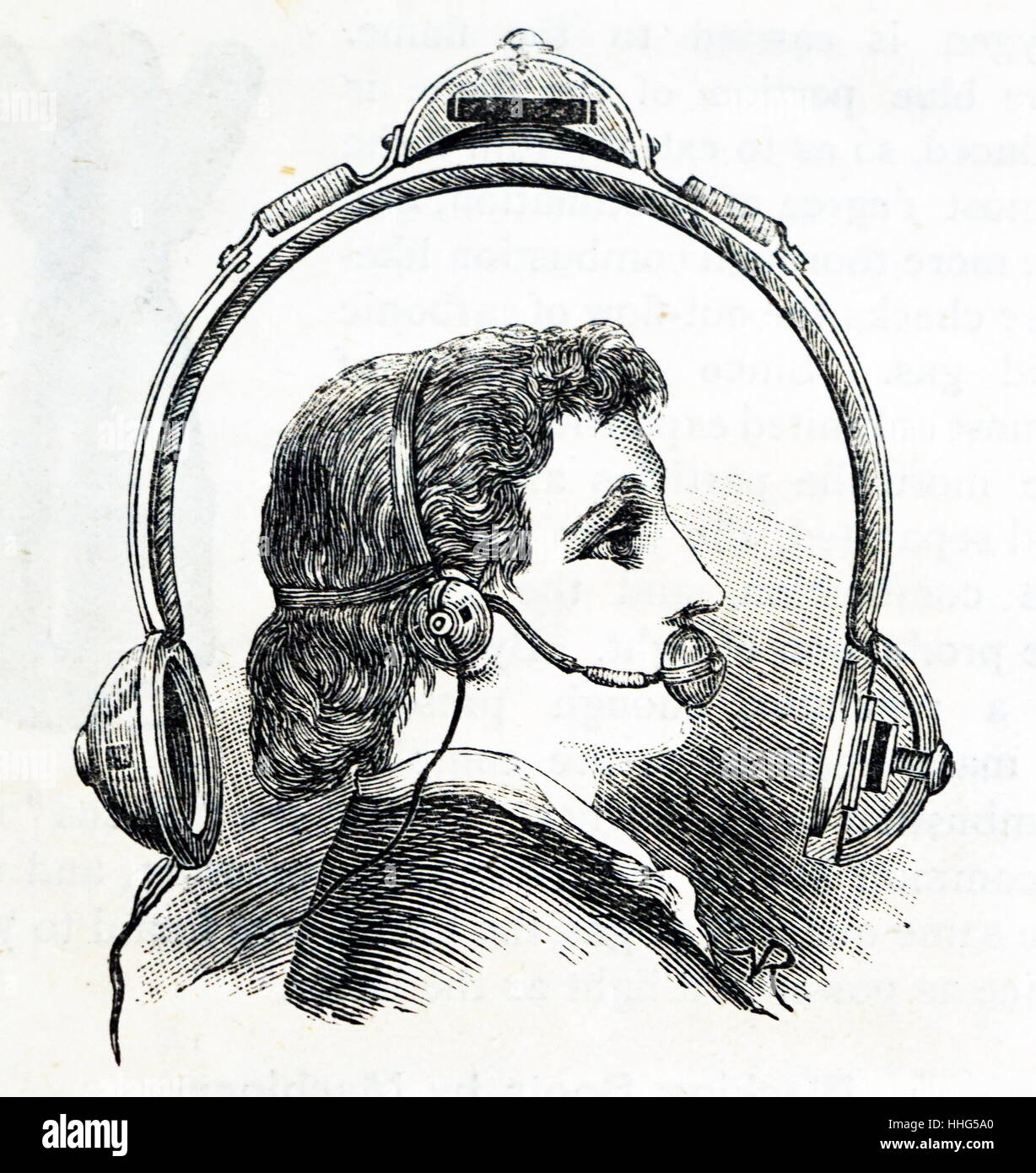 Engraving shows female wearing an early development telephone headset ...