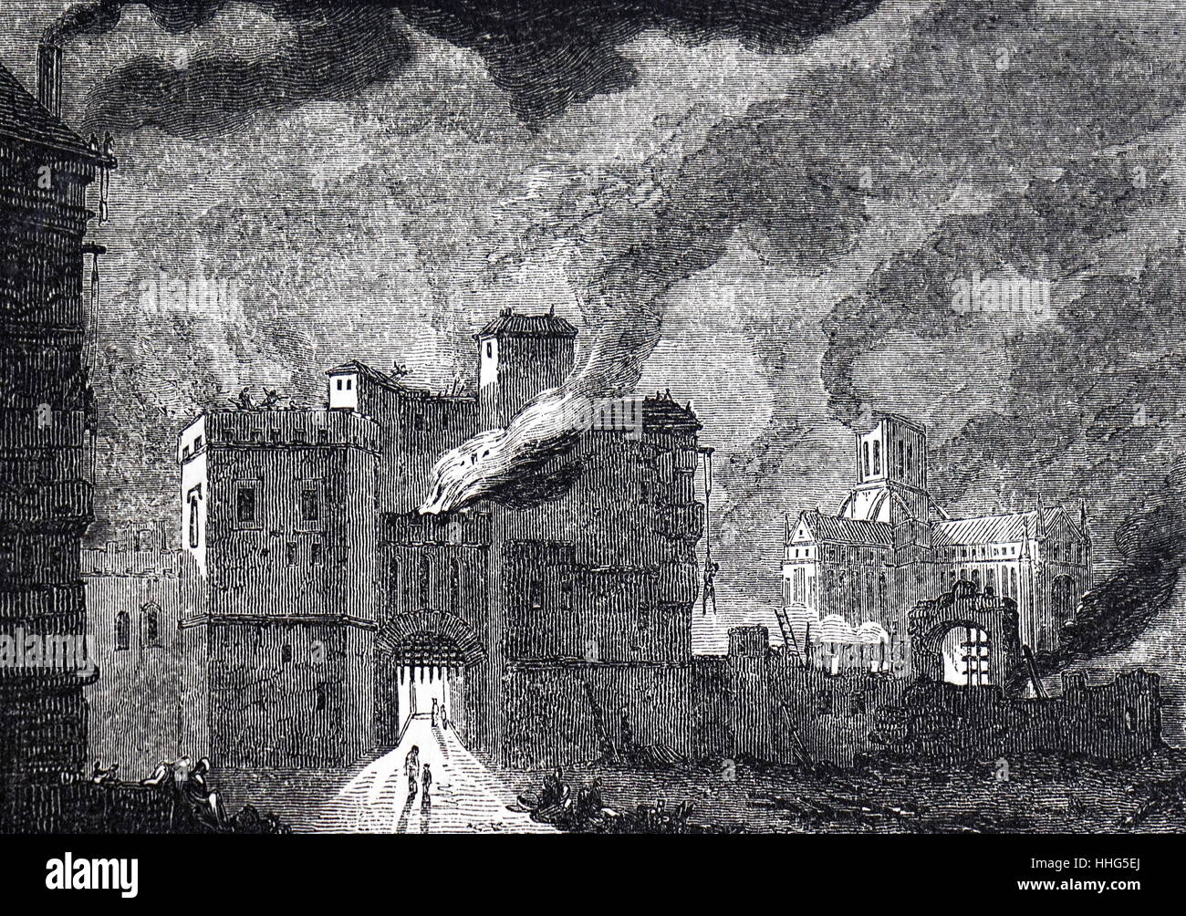Fire of London 1666. Newgate burning: Old ST Pauls in the background ...