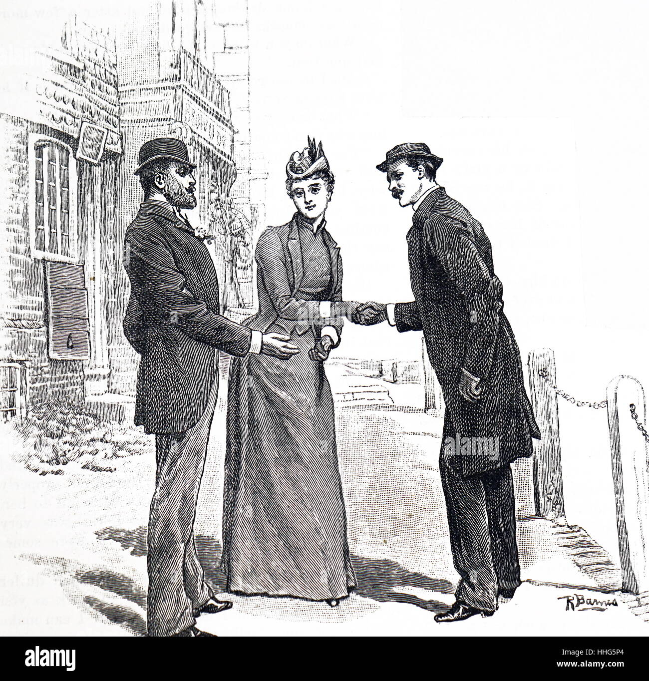 Illustration of shows two males and a female exchanging hand shakes ...
