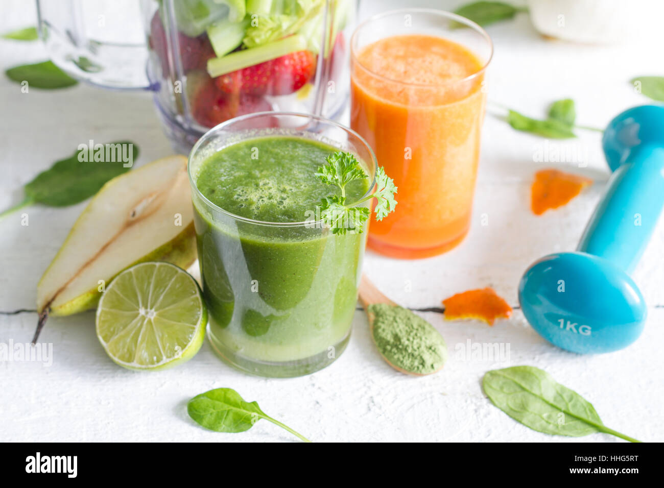 Fruits, vegetables, juice, smoothie and dumbbell health diet and ...
