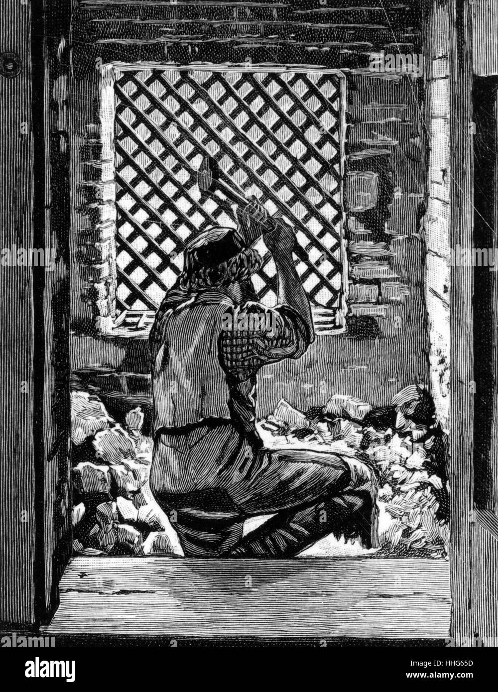 Stone breaking in the casual ward of a typical London workhouse. 1895 ...