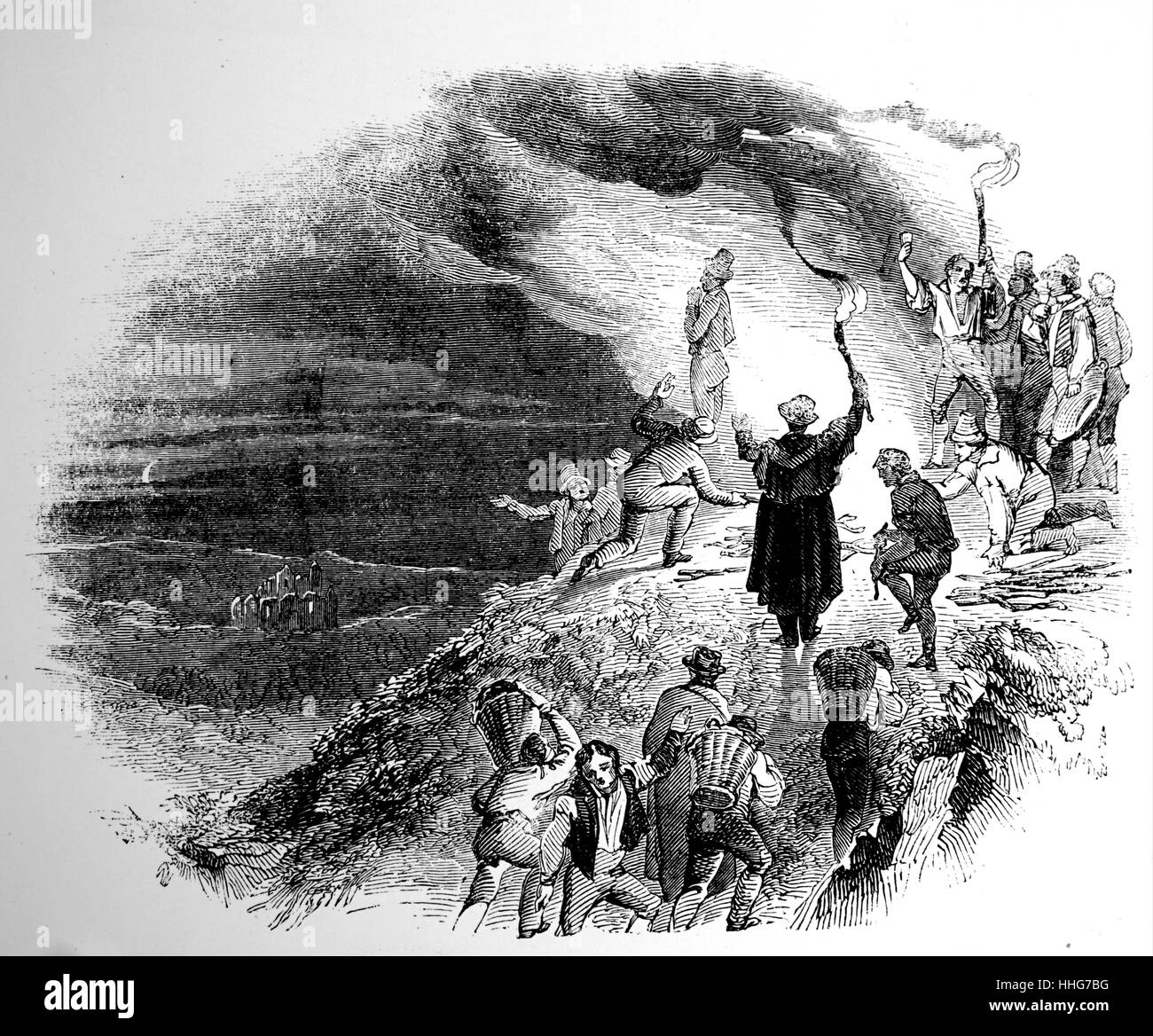 Illustration depicting lighting signal fires in Ireland; near Tipperary ...