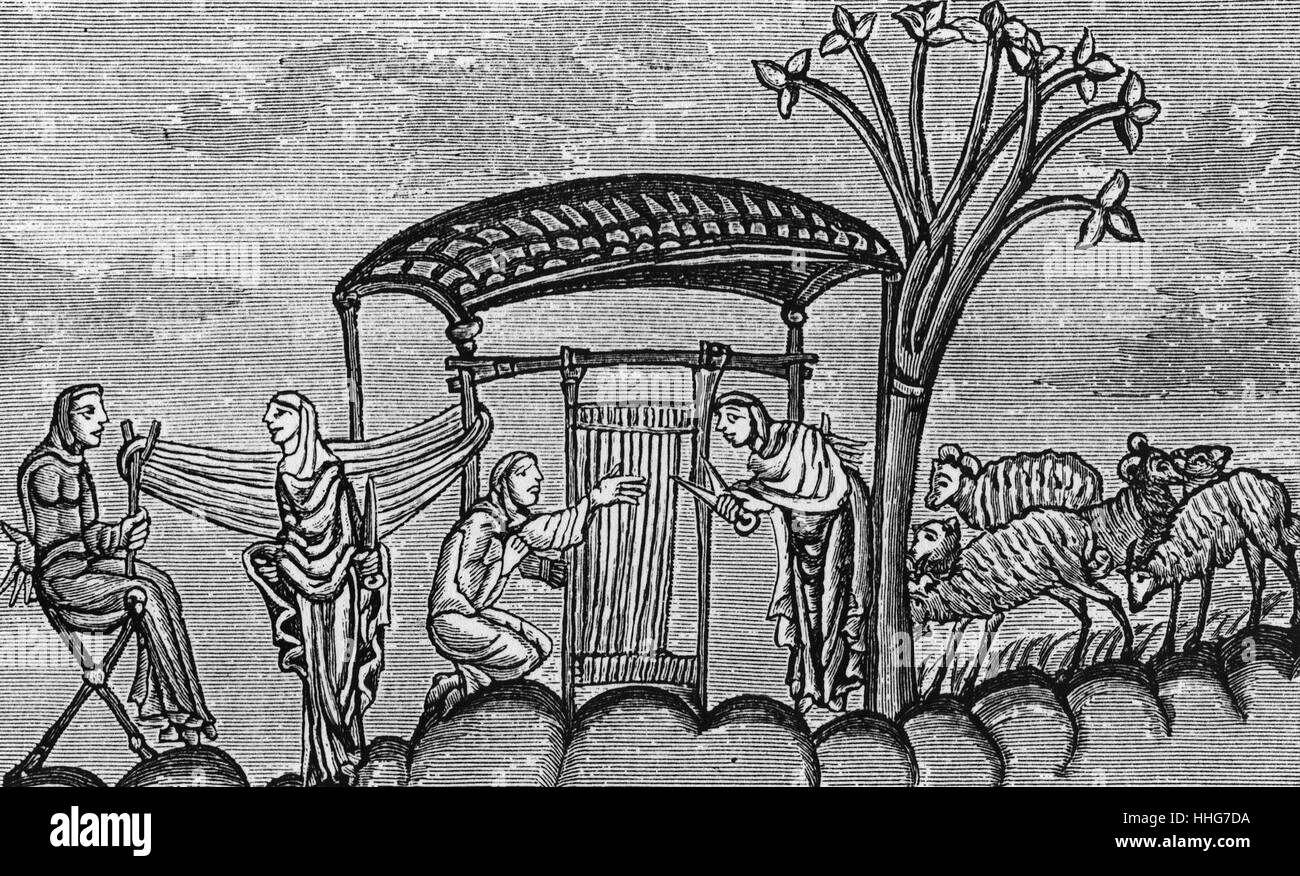 Illustration depicting women winding and weaving wool on a vertical ...