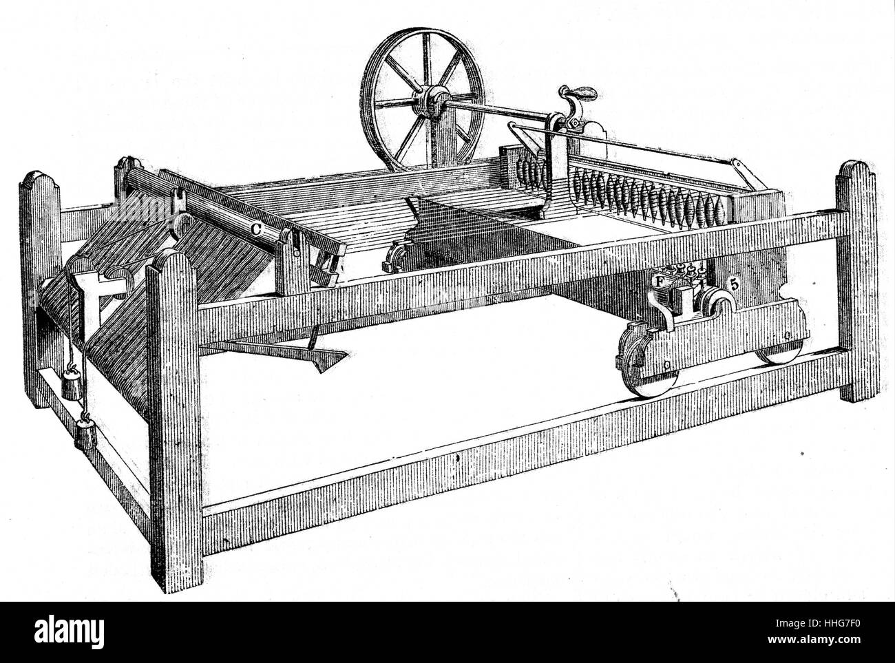 Illustration depicting a Slubbing-Billy; used to spin carded wool into ...