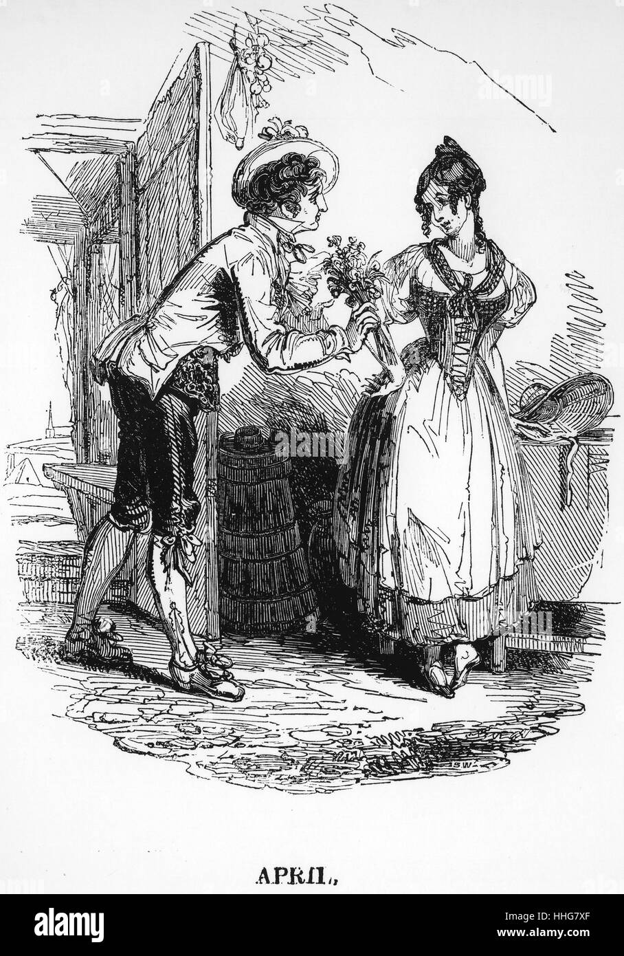 Lover bringing his sweetheart flowers. Illustration of April for John ...